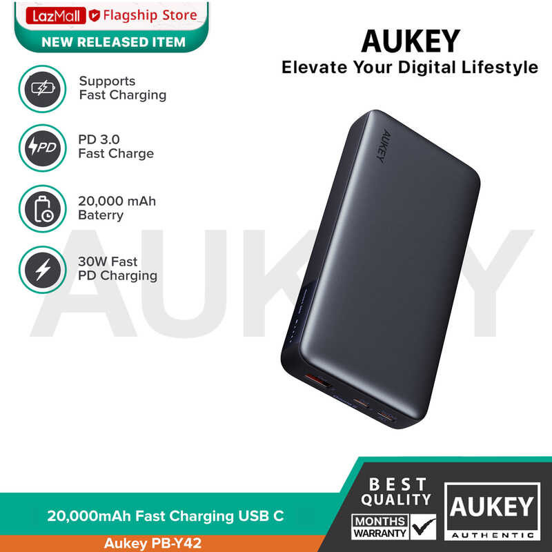 PB-Y42 AUKEY Sprint X 30W 20,000mAh Fast Charging USB C PD 3.0 Power ...