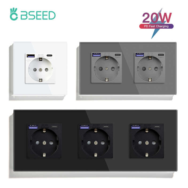 Fast BSEED PD Charge USB Type-C Socket EU Standard Double Sockets Glass ...