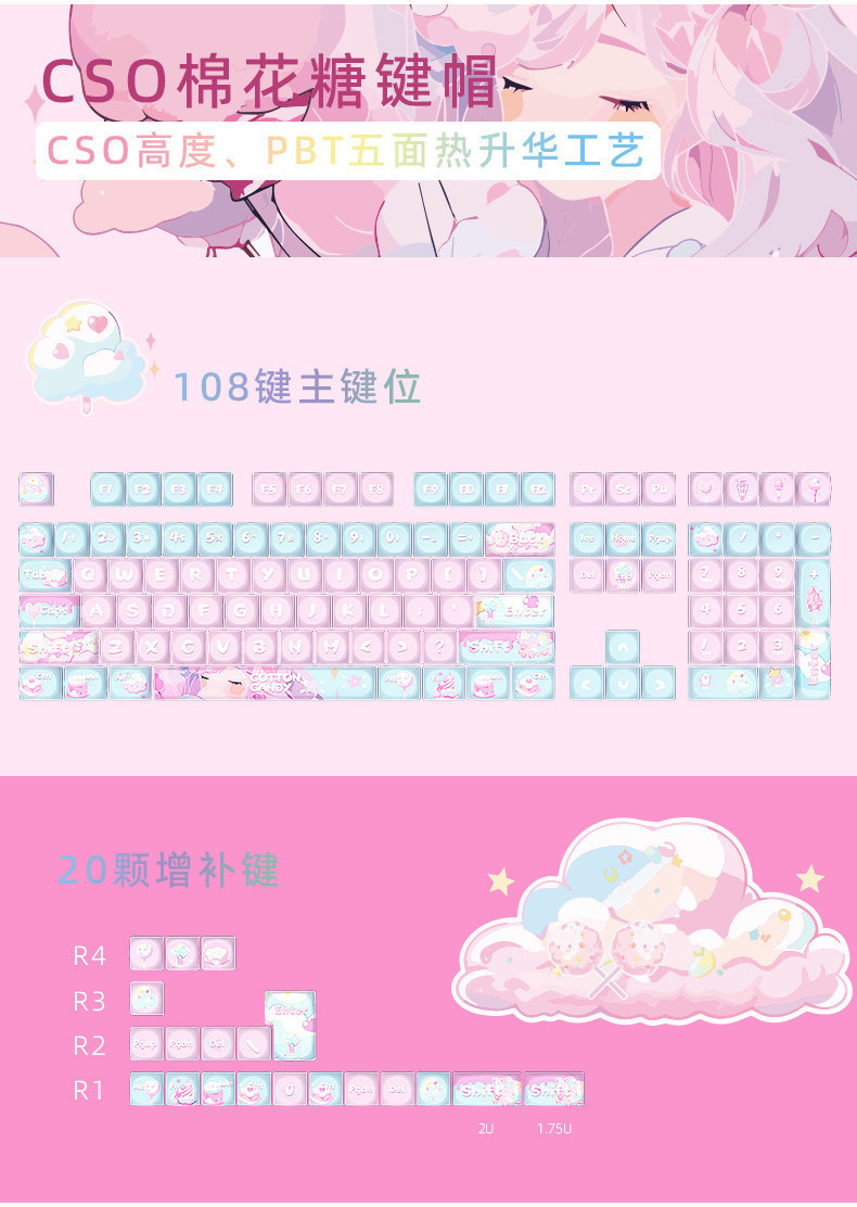 Marshmallow Keycap CSO Profile PBT Five-sided Sublimation Mechanical ...