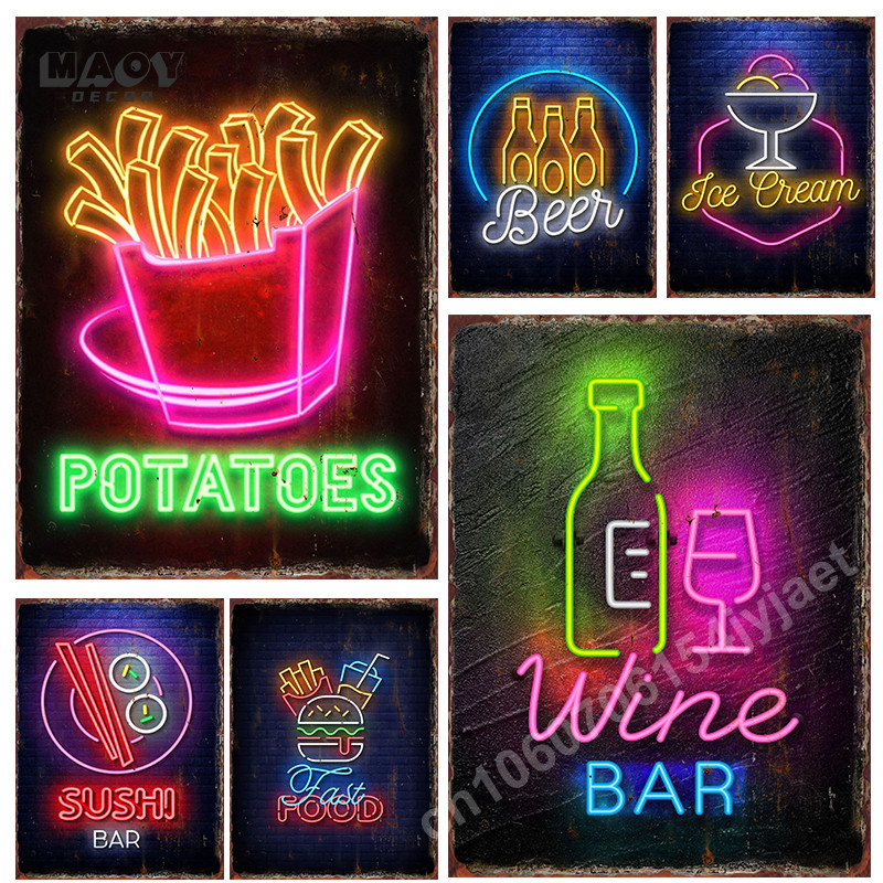 Vintage Neon Food Metal Tin Signs Western Restaurant Bar Club Menu ...