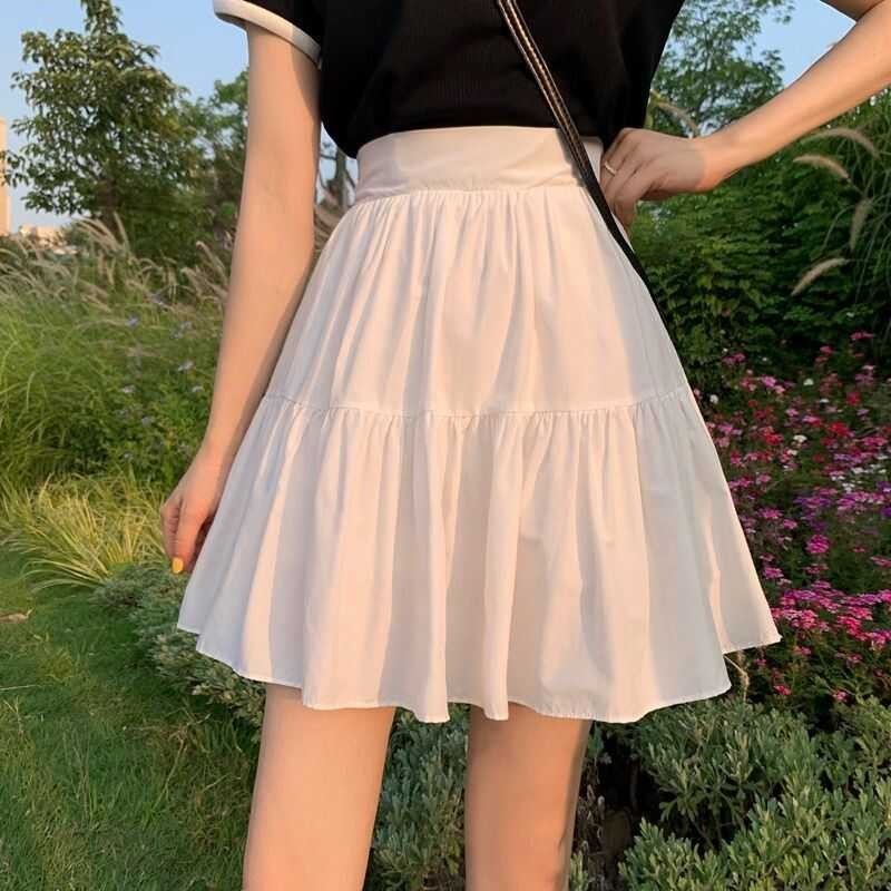 Skirt pambabae 2022 summer bagong solid kulay maikling mataas tsaleko ...