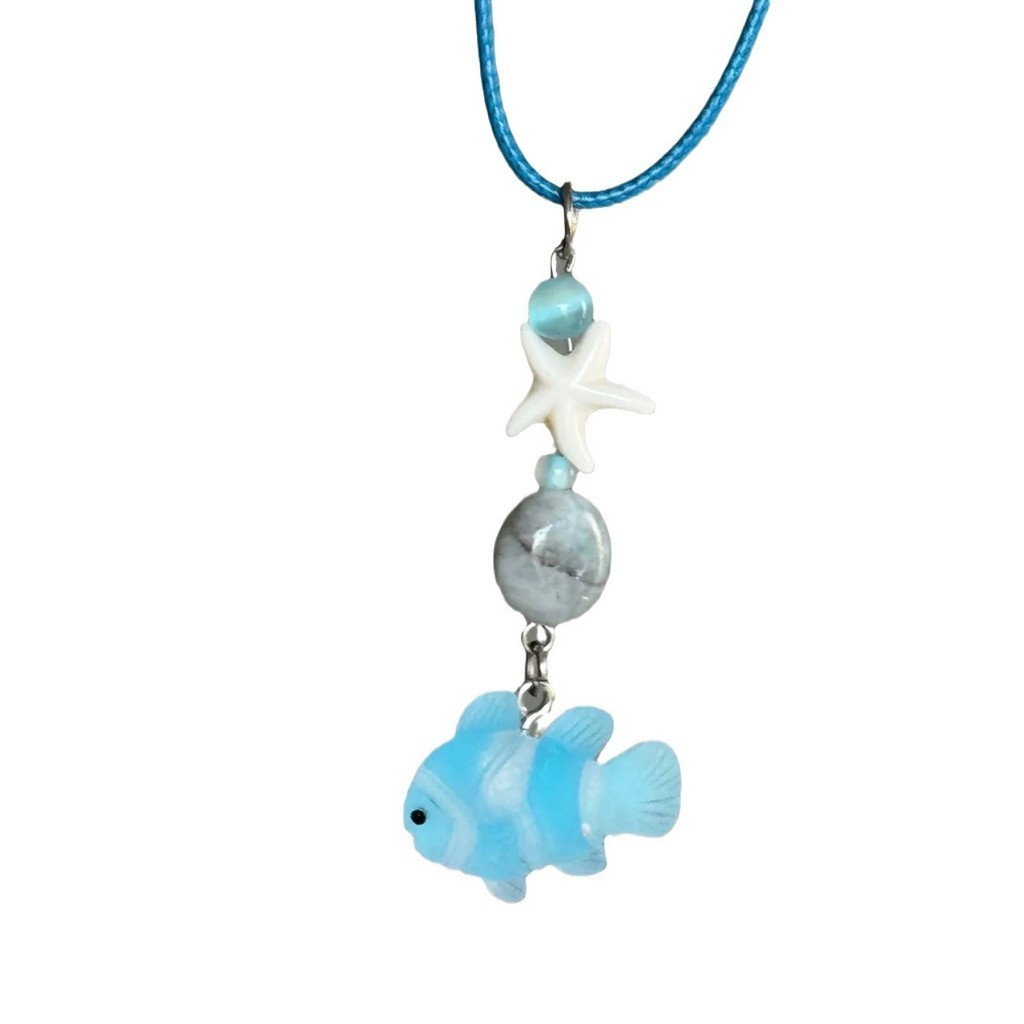 Cute orange clownfish necklace, blue small fish beaded neck chain ...