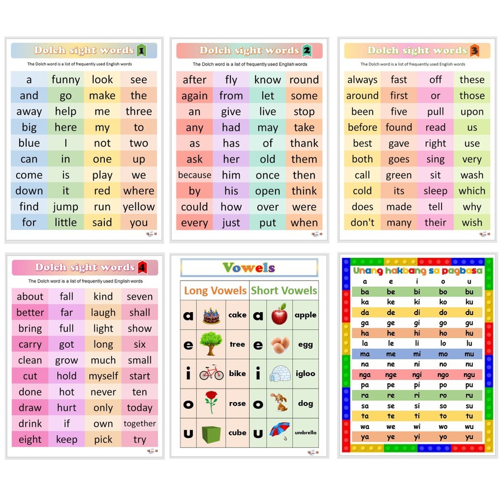 Laminated Charts for kids, Set E Bundle 6 Pcs. (Sight Words 1-4, Vowels ...