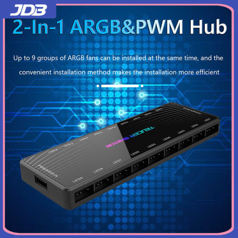 JDB 5V 3 Pin ARGB Cooling Fan 4Pin PWM HUB 1 To 9 Multi Way Splitter For PC Case Controller Adap ...
