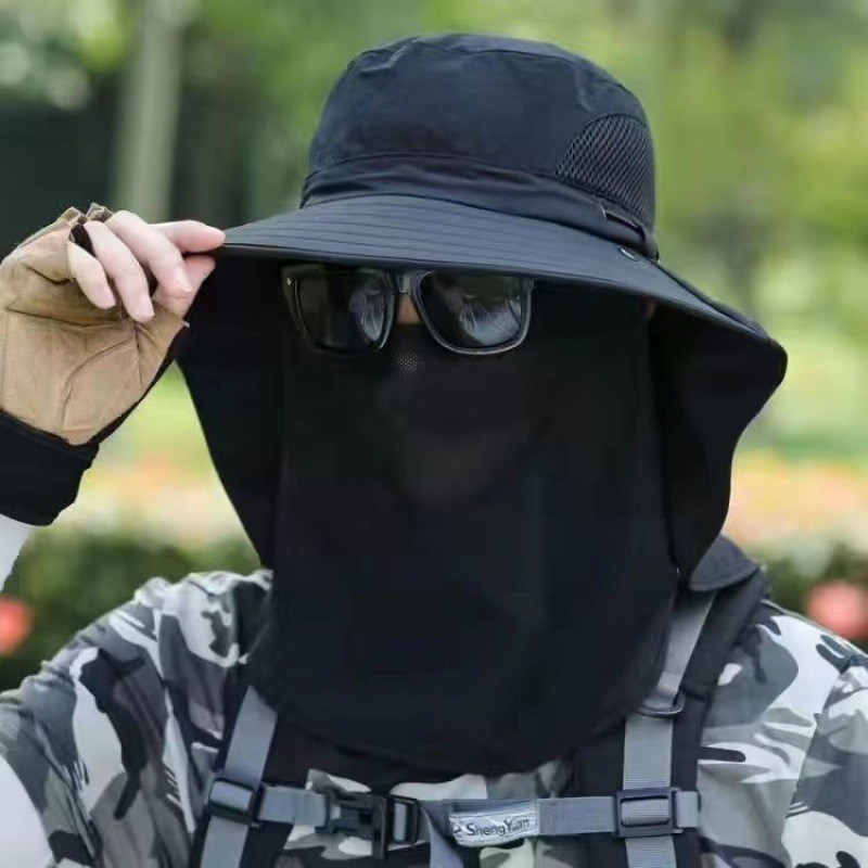 Men's Hat with Face Cover Fashionable UV Protection Wide Brim Hat With ...