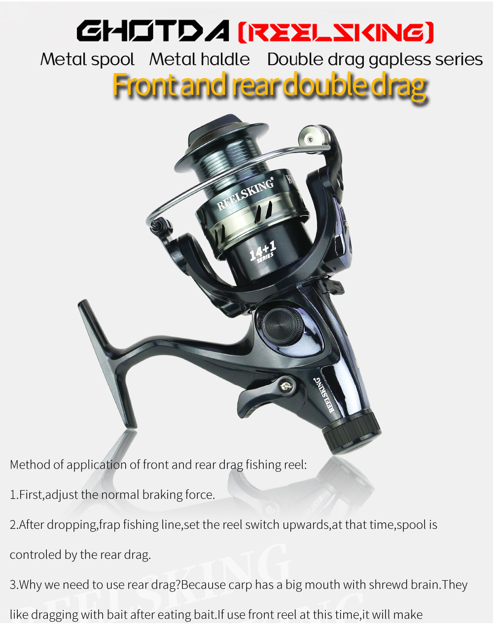 3000-6000 Series Double Brake Spinning Fishing Reel 5.2:1 Gear Ratio ...