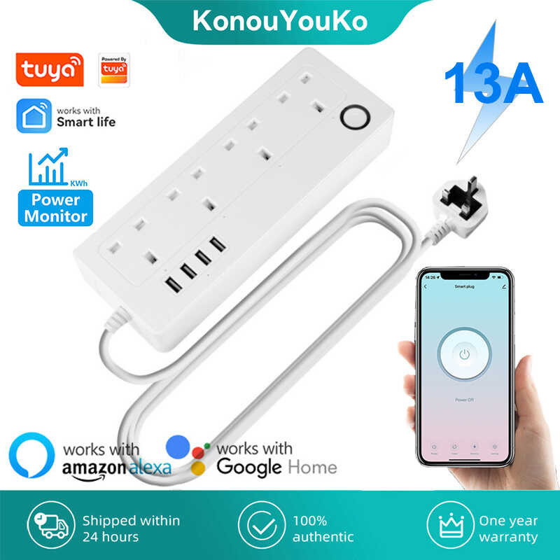 Wifi Smart Tuya Strip Power Monitor 13A UK Plug 4Ac Socket 4Usb 1.8M ...