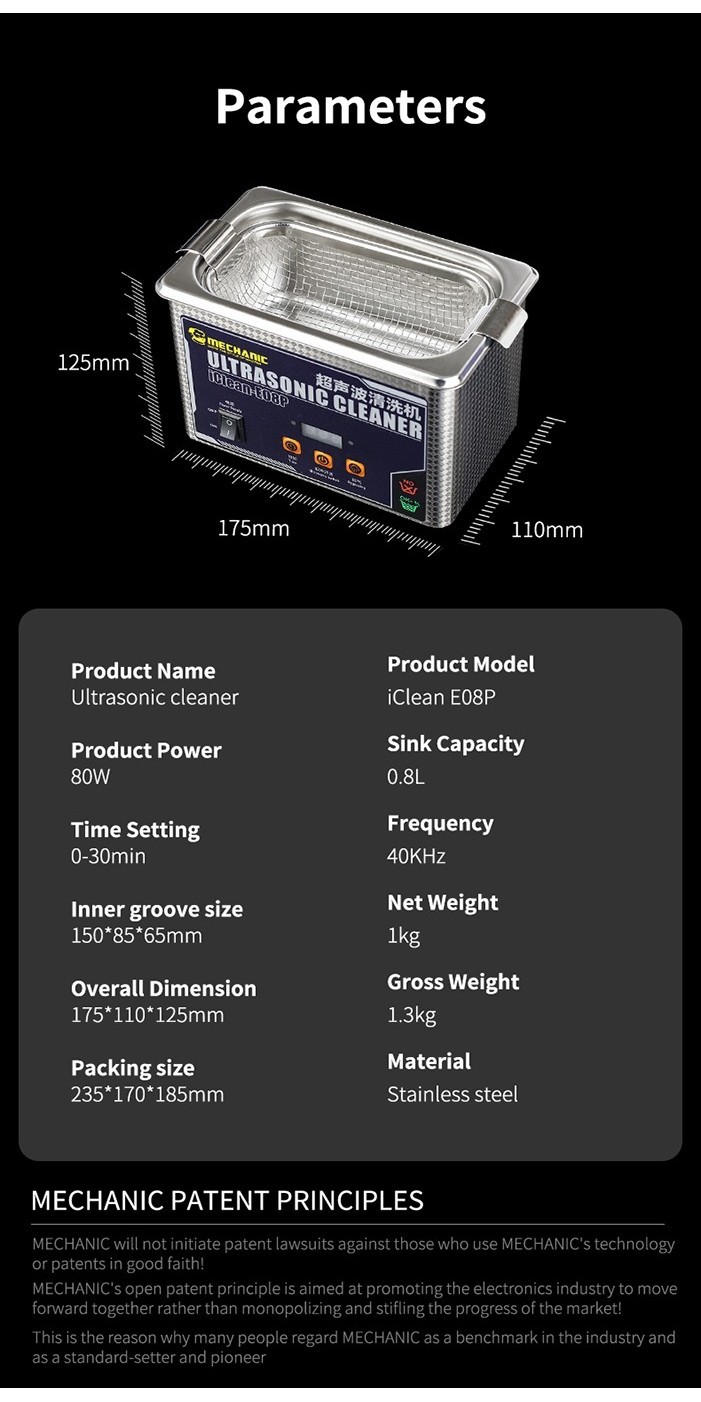 MECHANIC iClean-E08P Ultrasonic Cleaner 80W High Frequency ...