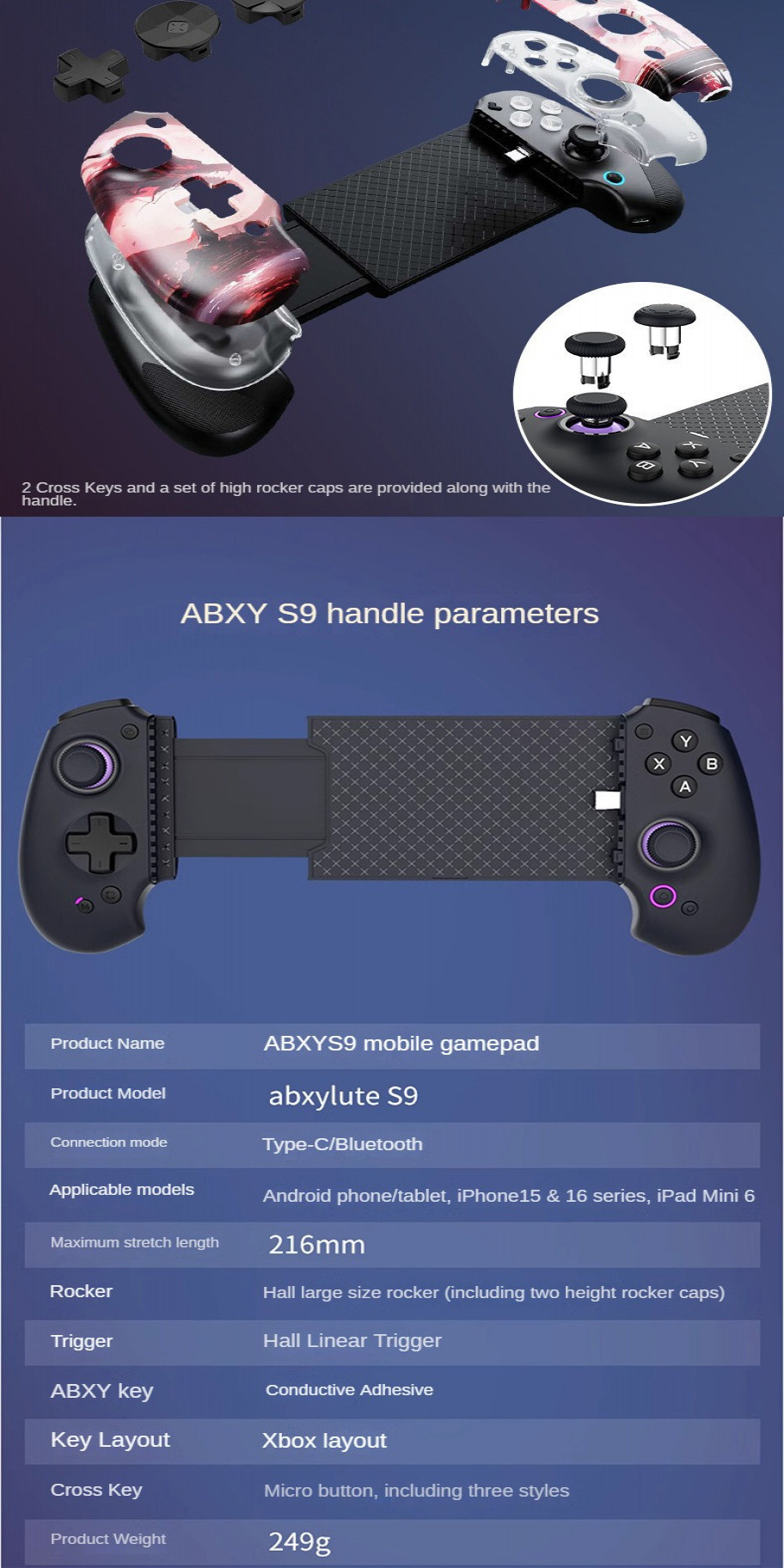 Abxylute S9 Full-Size Stretchable Hall Effect Mobile Gamepad for Android & IOS Type-C ...
