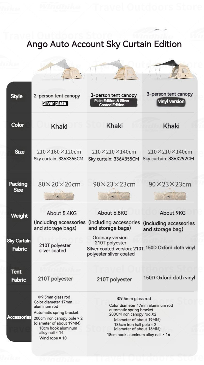 Naturehike ANGO Fast Automatic Tent Detachable Canopy Awning Tarp 1 to 3 Persons Quick Open ...