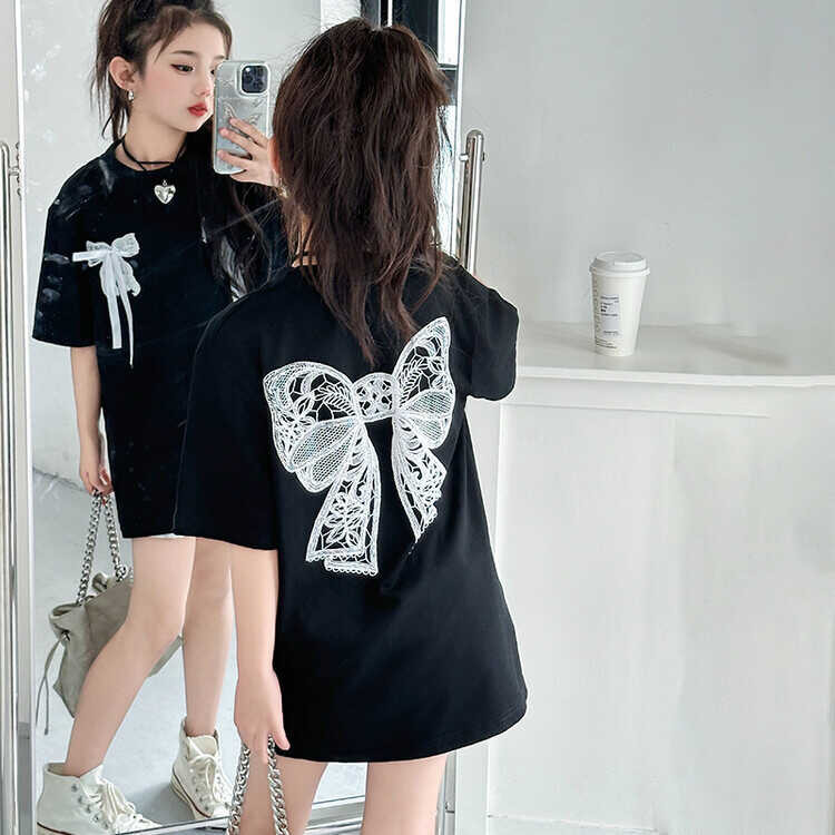 Mga batang babae may manggas na damit 2024 Korean lace bow fashionable ...