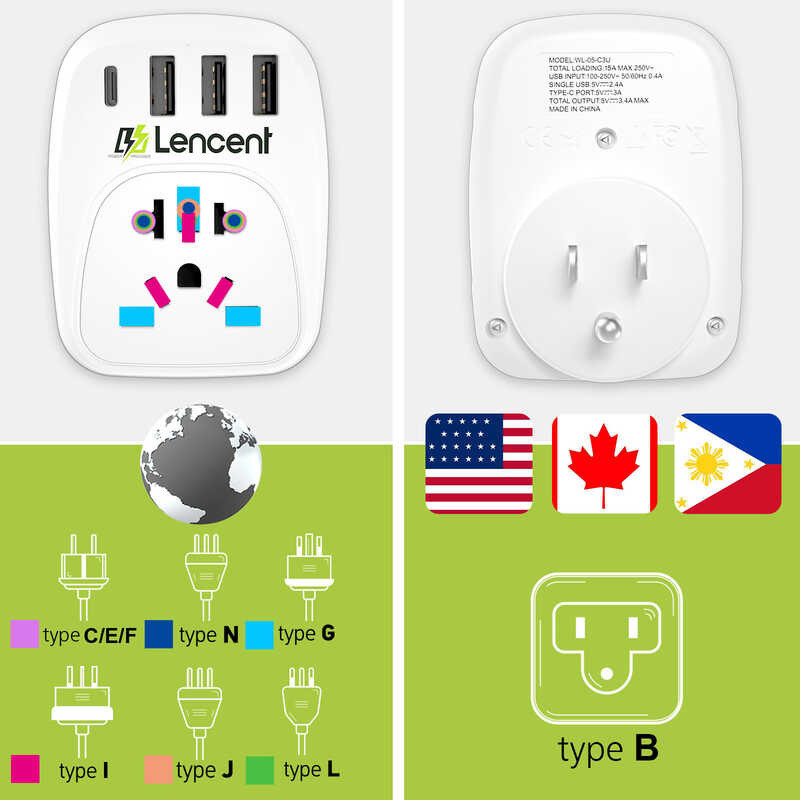 LENCENT World Us/Philippines Adapter With 3 USB & 1 PD Type-C Quick ...