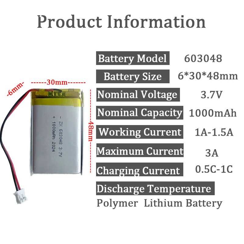 Lipo 3.7V Cells 603048 1000mAh Rechargeable Battery 2.0mm 2pin Plug for ...