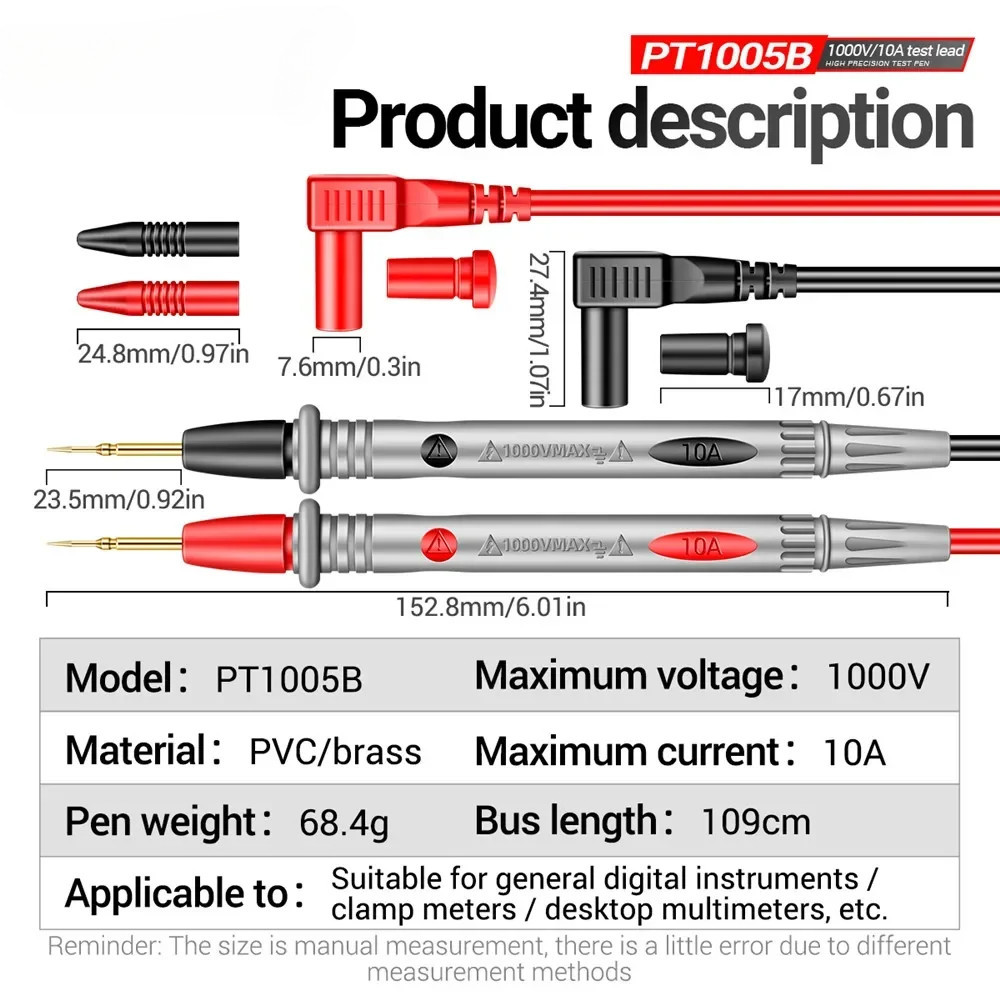 PT1005B 10A 1000V Digital Multimeter Probe Universal Test Lead Needle ...