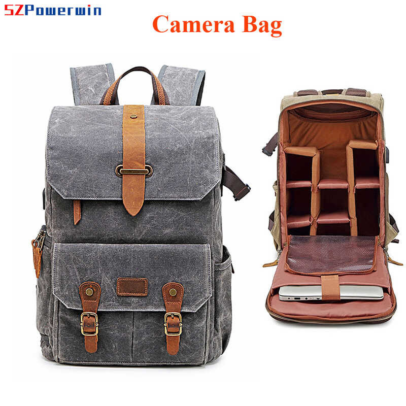 Waterproof Powerwin Canvas Photography Backpack USB Port DLSR SLR ...