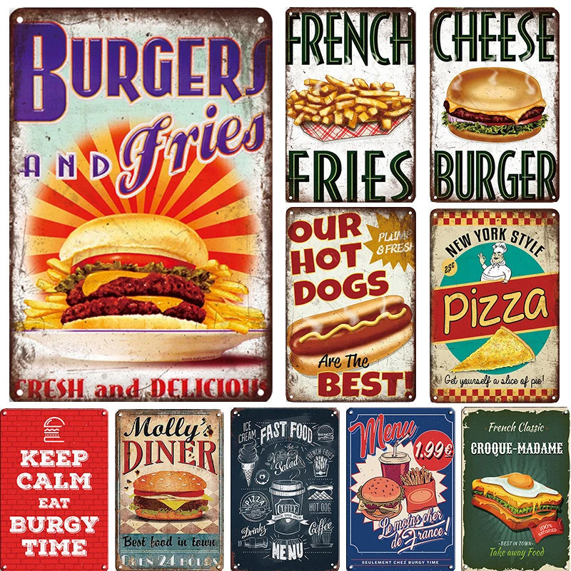 Fast Food Menu Burger Hot Dogs Pizza Time Retro Metal Sign Decoration ...