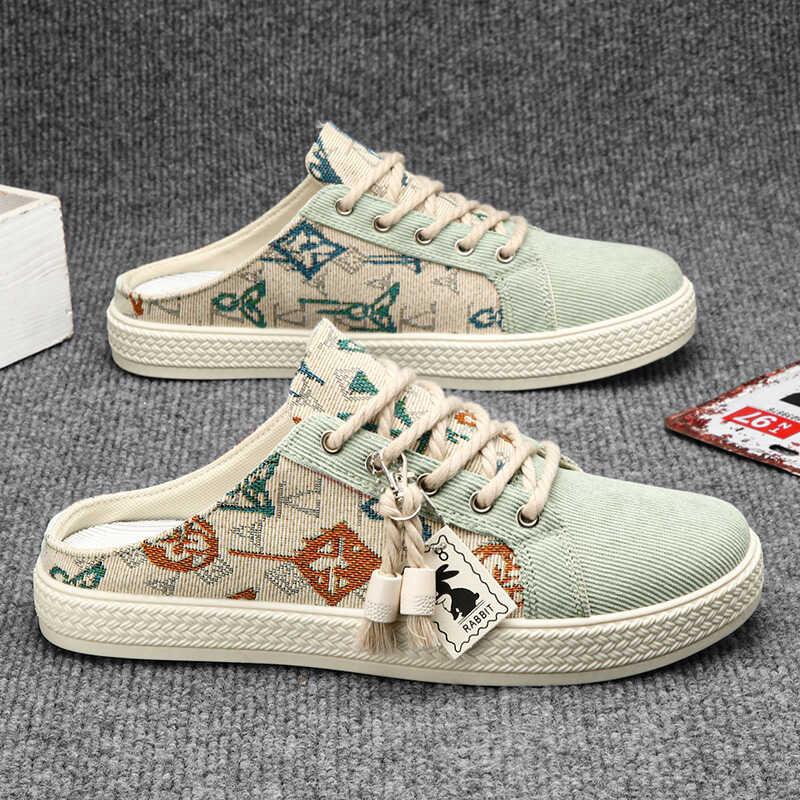々 Half Slippers for Men Mules Canvas Shoes 2024 New Korean Style ...