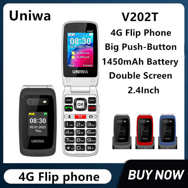 V202t 4G UNIWA Feature Dual Screen Big Push-Button Flip Mobile Phone For Elderly 1450Mah Battery ...