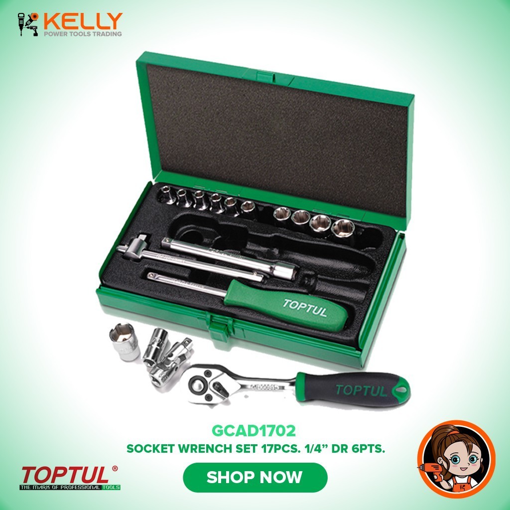 TOPTUL GCAD1702 17pcs. Socket Wrench Set 1/4 Dr. 6pts. | Shopee Philippines