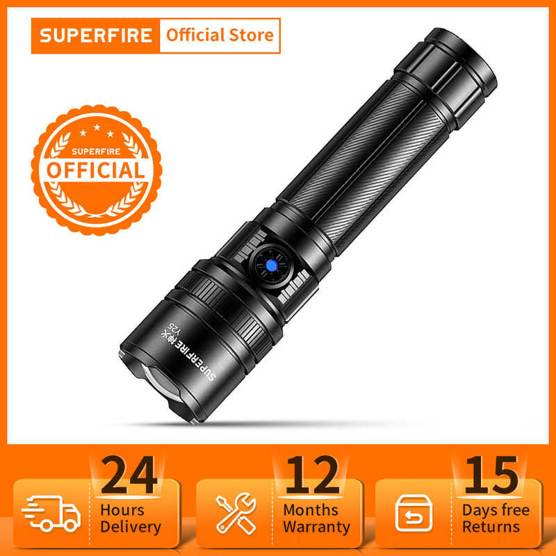 Y25 10W SUPERFIRE LED Flashlight 450M Lighting Distance With Zoom, Usb-C Rechargeable 18650 ...