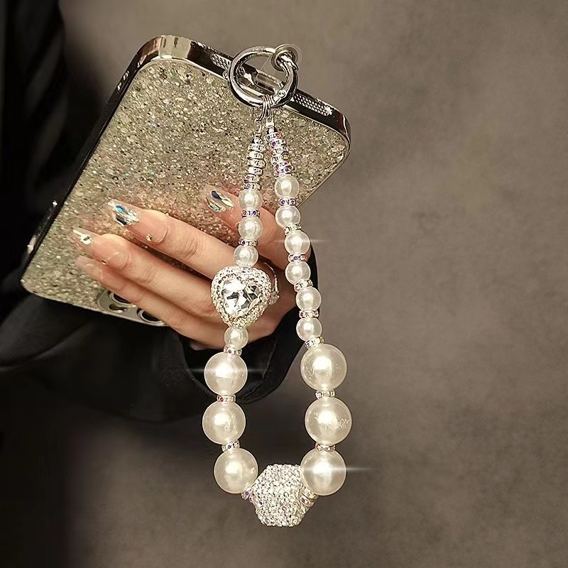 Luxury Pearl Diamond-love Hand Chain Wrist Short Lanyard with Clip Cell ...