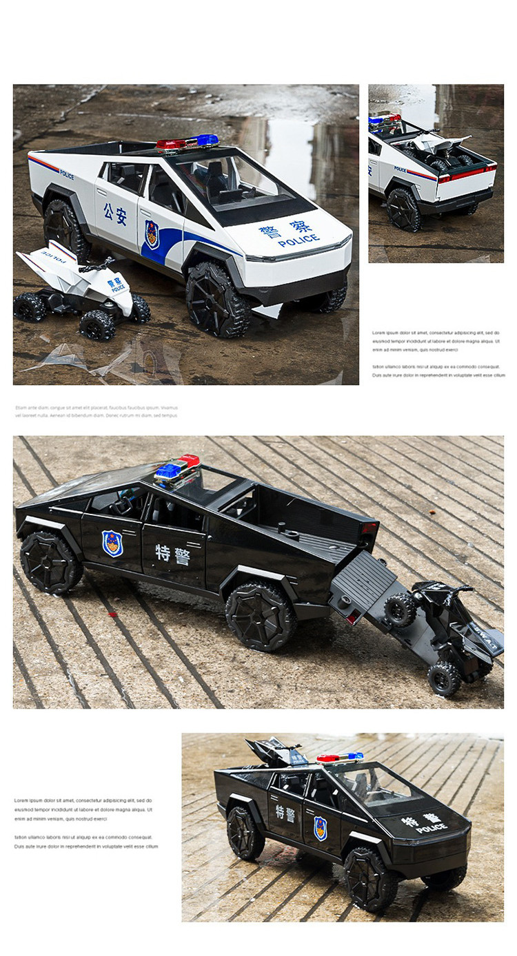 KLT 1:24 Tesla Cybertruck Police Car Metal Alloy Toys Car Model Diecast ...