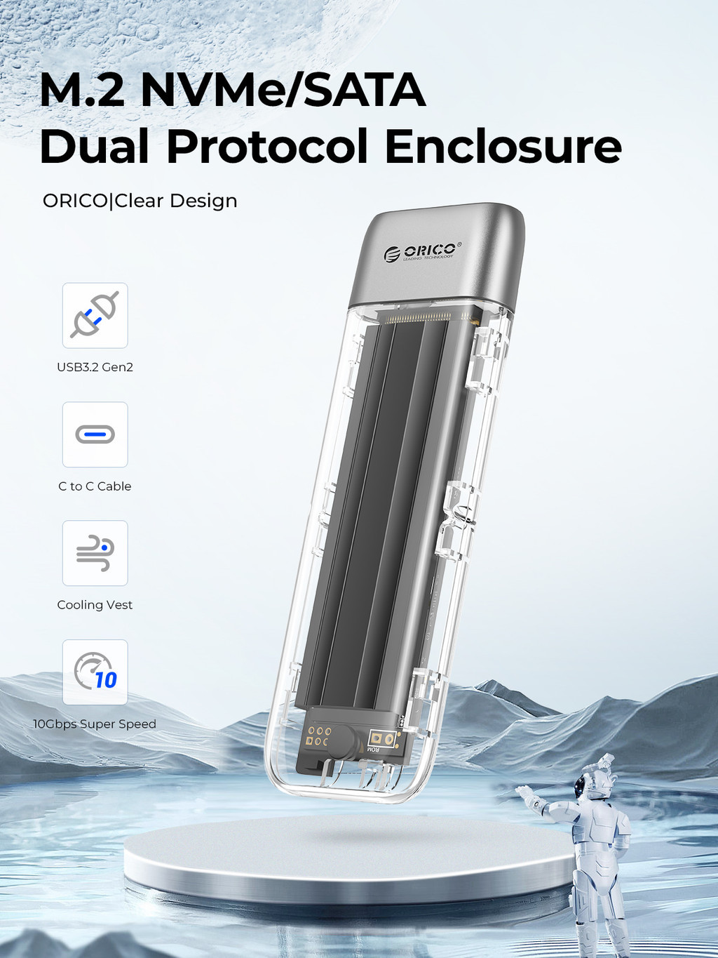 ORICO M.2 MVMe/SATA SSD Enclosure NVMe case Zinc Alloy Tool Free 10Gbps ...