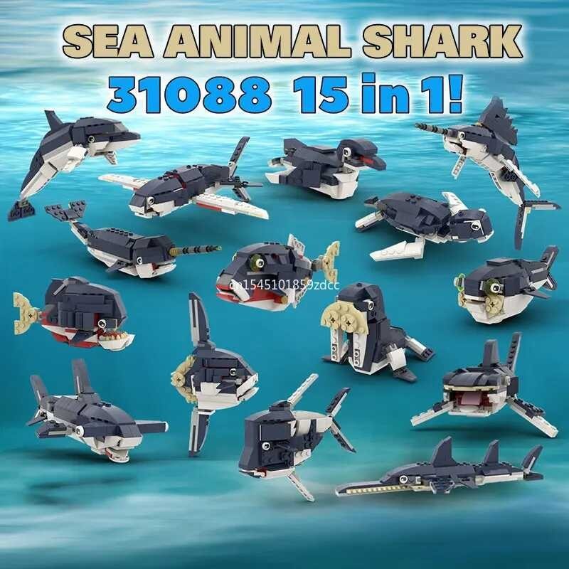 Marine MOC Animals Shark Whale Megalodon Building Blocks Set Deep Sea ...