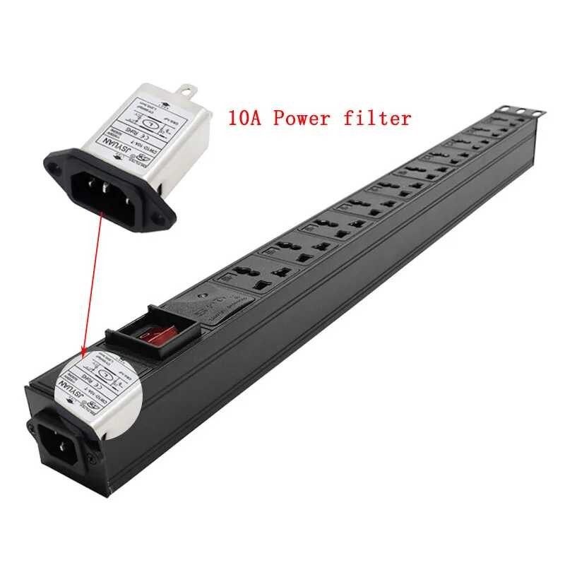 10 Unit PDU Universal Outlet Power Strip Network Cabinet Rack Dual Break Switch Wave Filter Iec ...