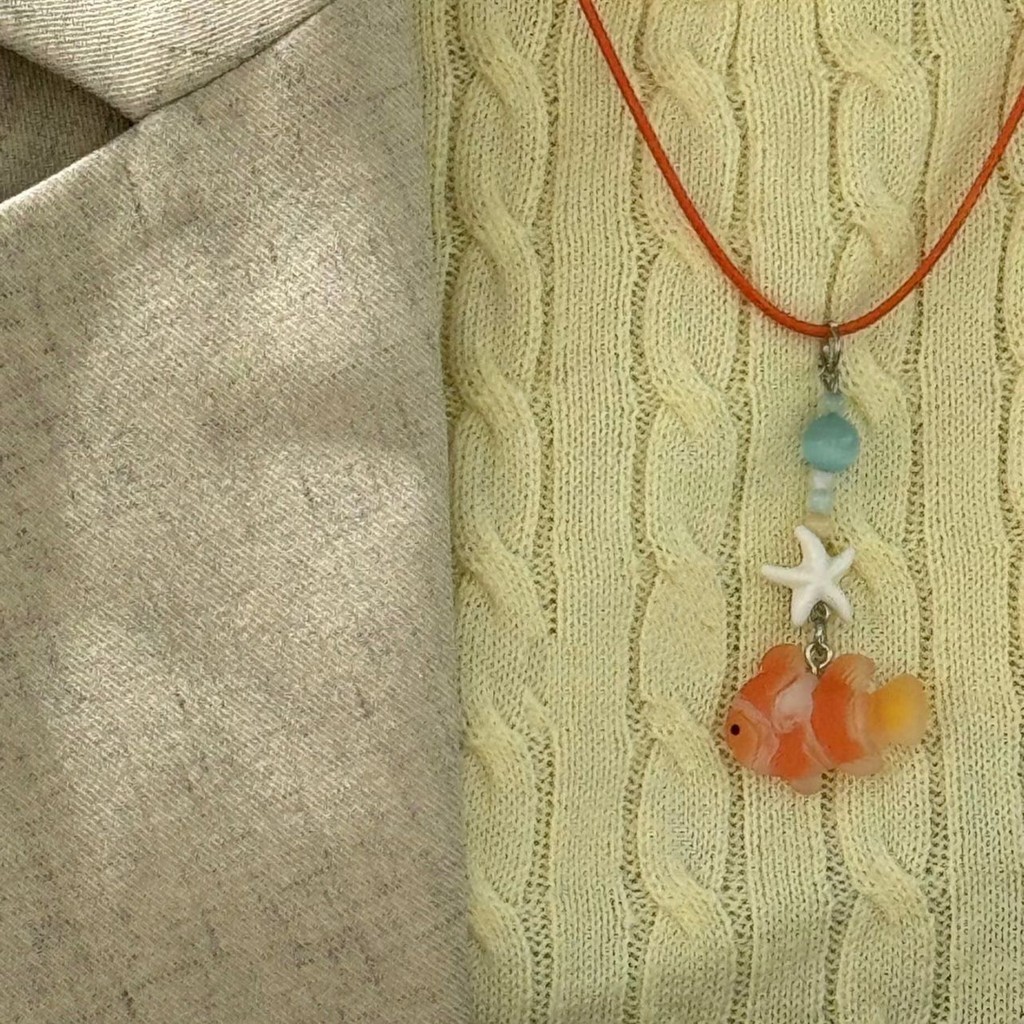 Cute orange clownfish necklace, blue small fish beaded neck chain ...