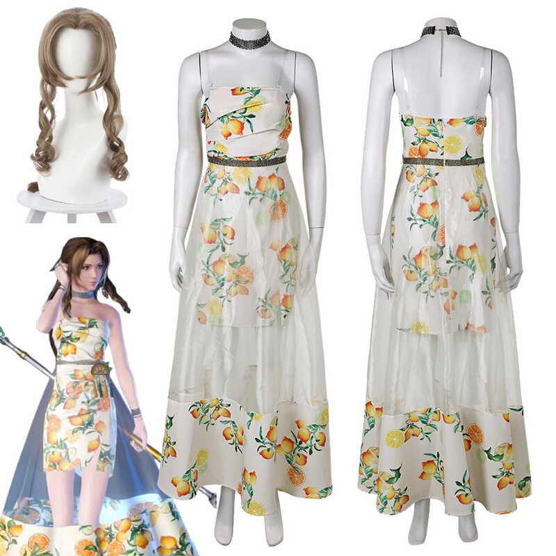 Final Aerith Sy VII Cosplay Citrus Printed Dress Anime Game FF Costume ...