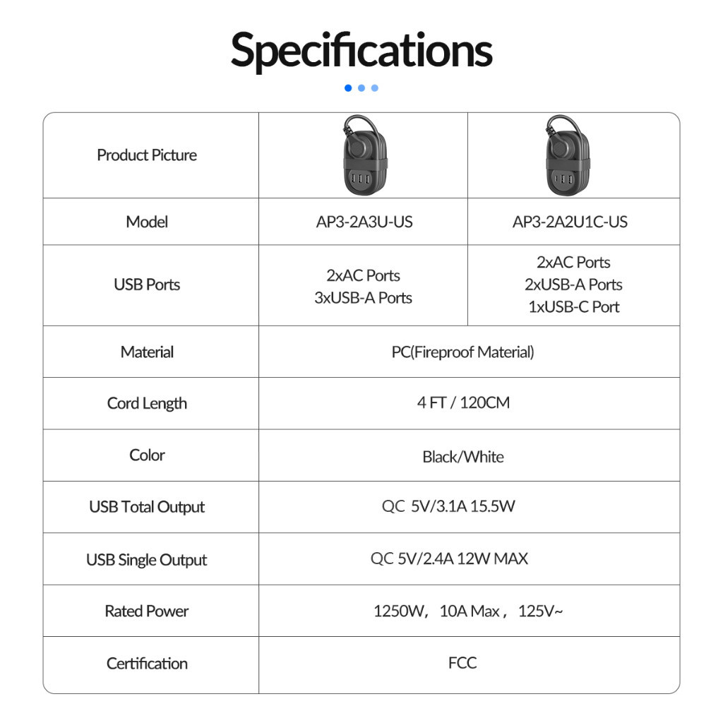 ORICO Travel Power Strip with USB and Type C Ports Retractable Pocket ...