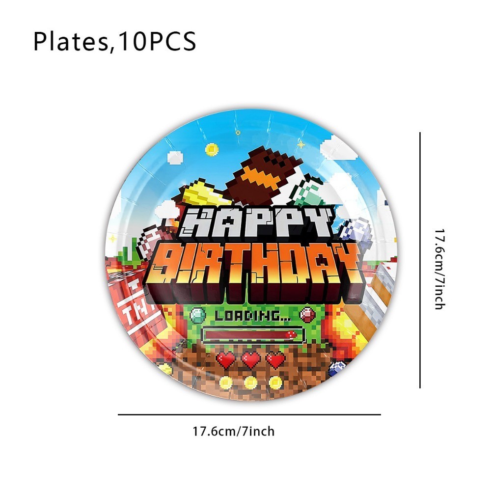 Minecraft Pixel Game Tableware Cup Plate Cake Topper Happy Birthday ...