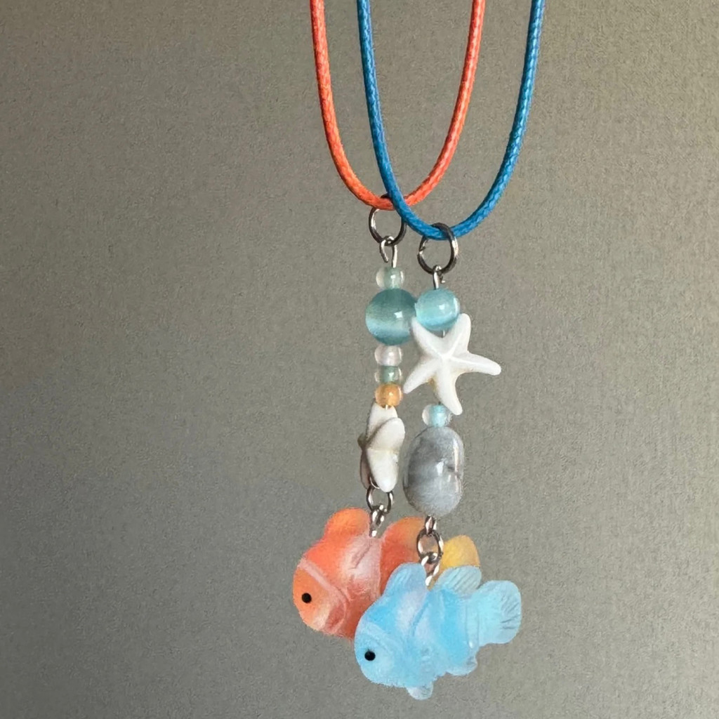 Cute orange clownfish necklace, blue small fish beaded neck chain ...