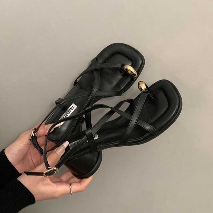 97 2024 New Summer Elevated Beach Roman Shoes Minimalist Metal Black ...