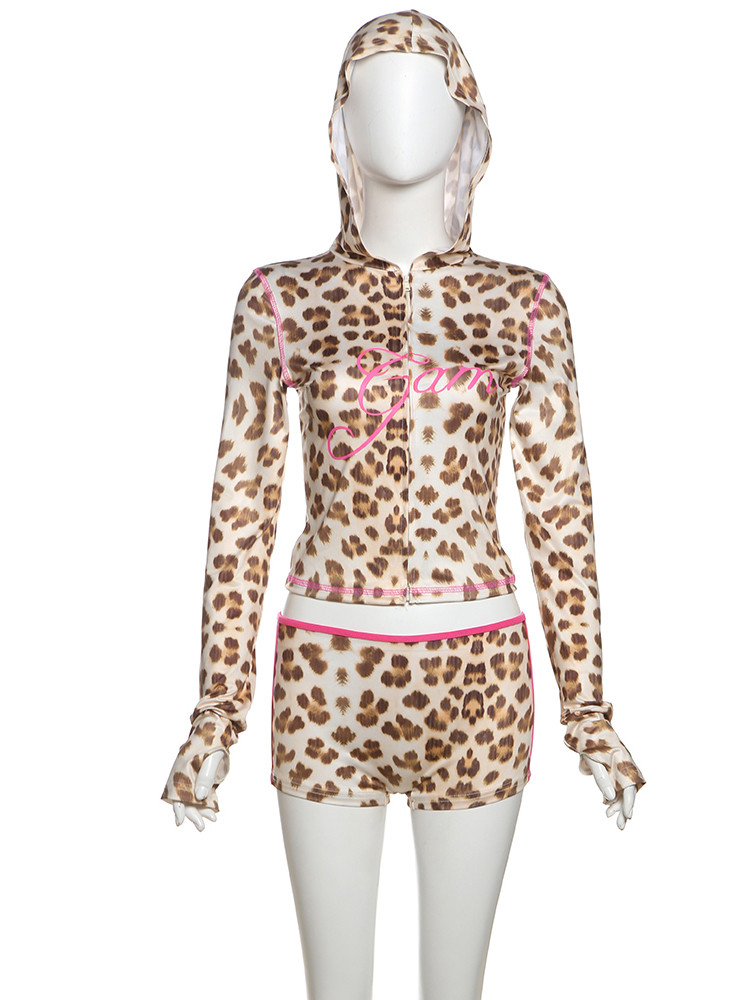 Klalien Leopard Print Women Tracksuit 2 piece Set Hooded Jacket+Digit ...