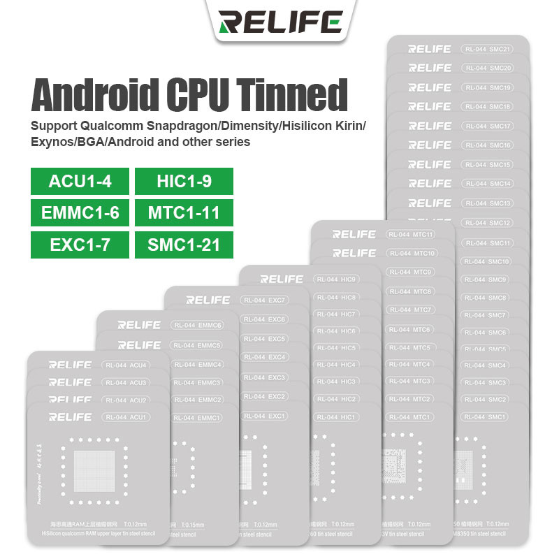 RELIFE RL-044 58PCS Android CPU Series Chip Planting Tin Steel Stencil Set Android CPU Tinned ...
