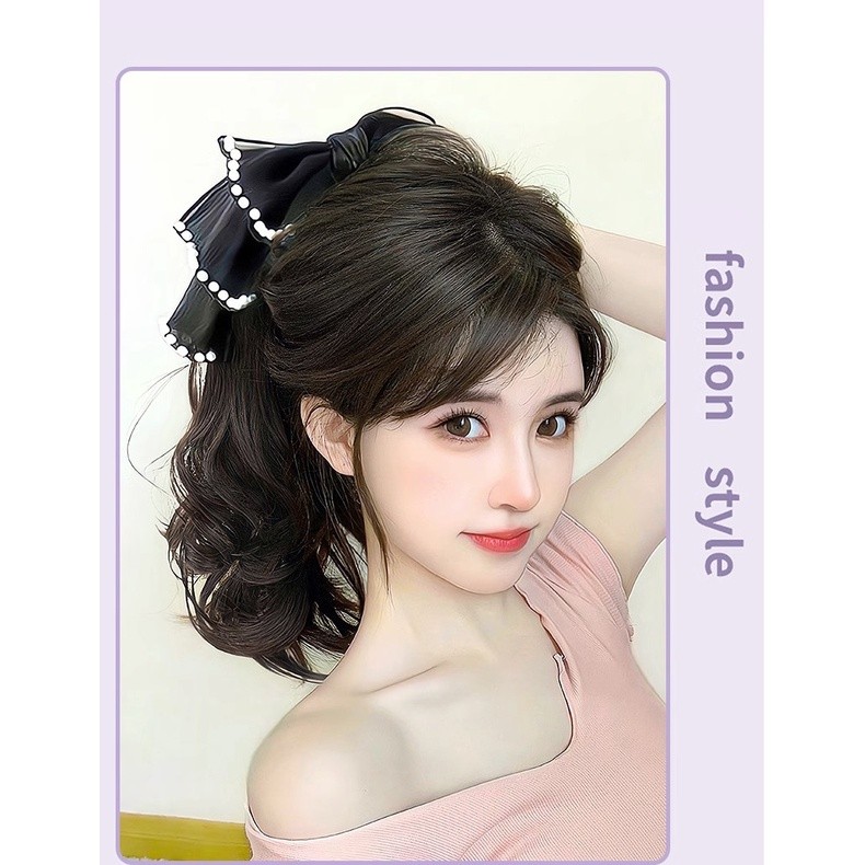 Py155 Bow Ponytail Wig Female Pear Flower Curly Clip-On High Ponytail ...