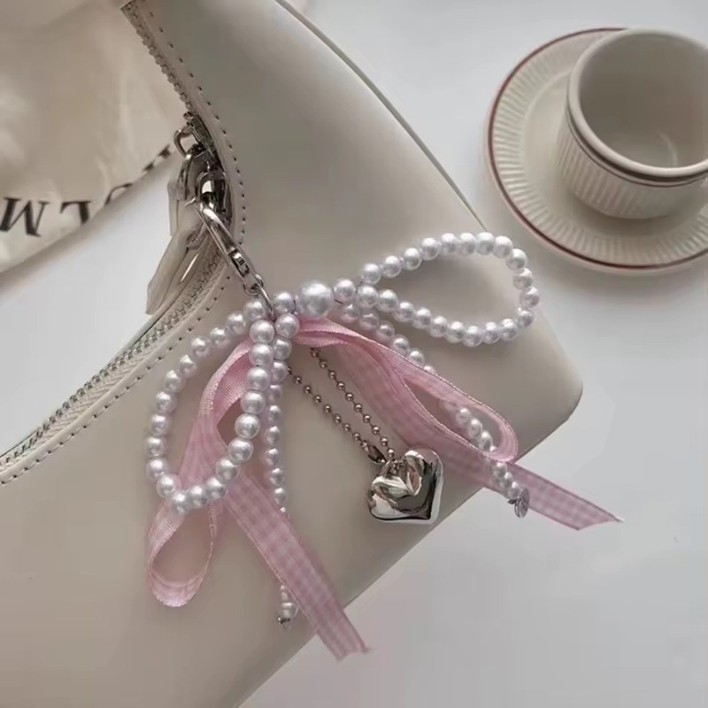 Y2K Lattice Ribbon Bowknot Pearls Bag Pendant Charm Heart Keychain ...