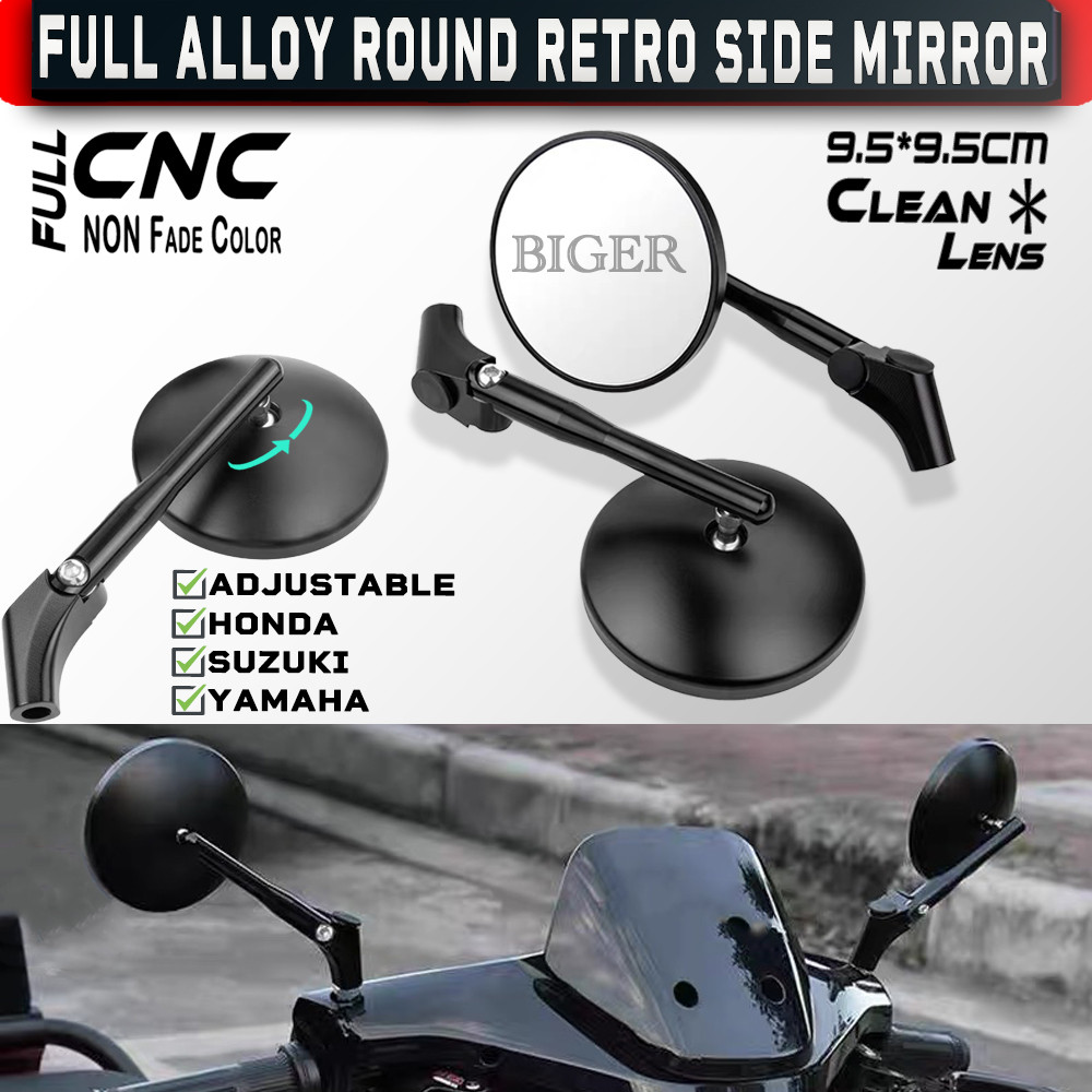 Full Alloy Round Retro Side Mirror Biger Clean Glass Flexible Black ...