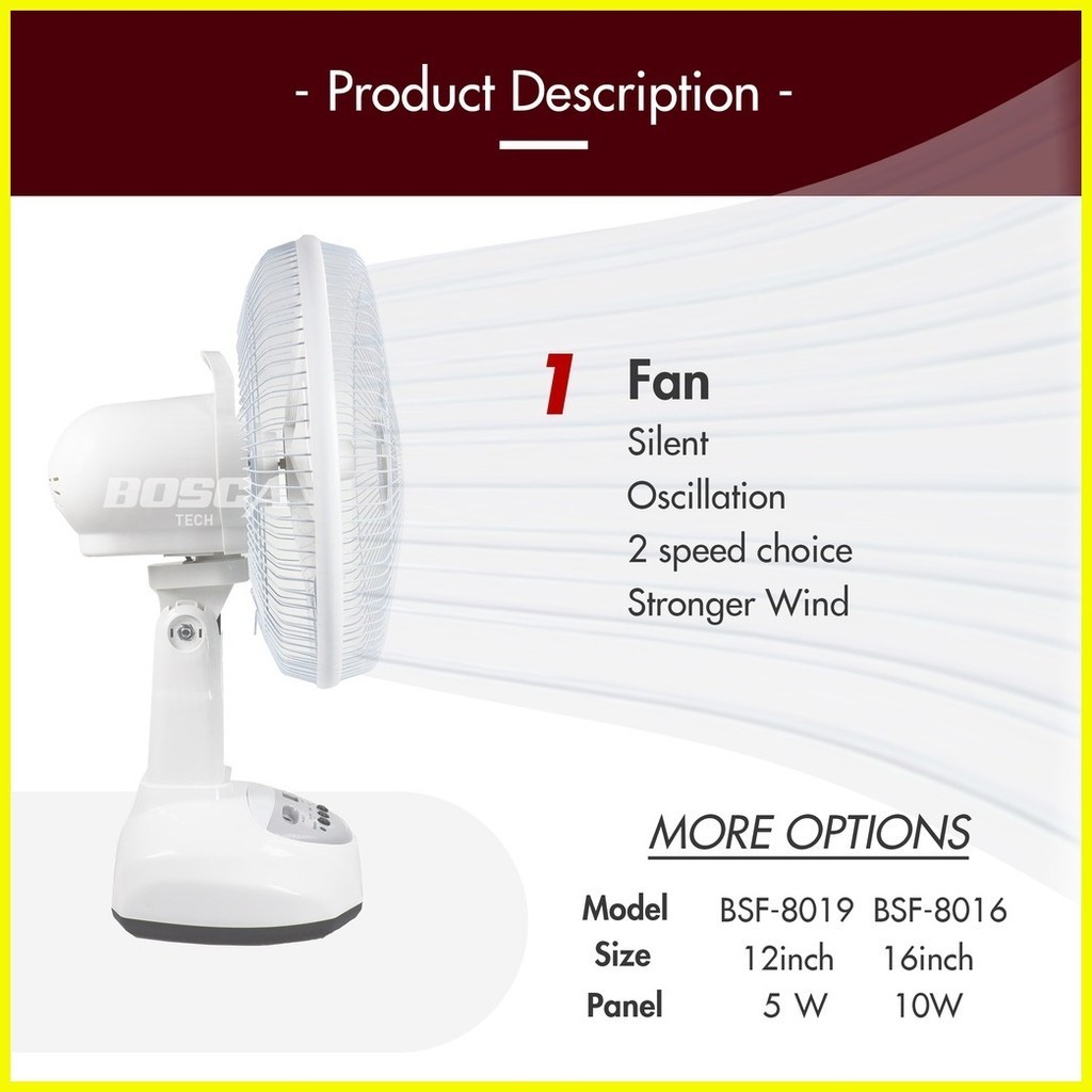 ¤ BOSCA Solar rechargeable fan 12 inches 18W Desk Fan Table Fan BSF ...