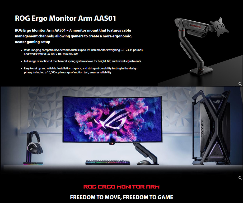 ASUS ROG Ergo Monitor Arm AAS01 - Cable Management, Ergonomic, supports ...