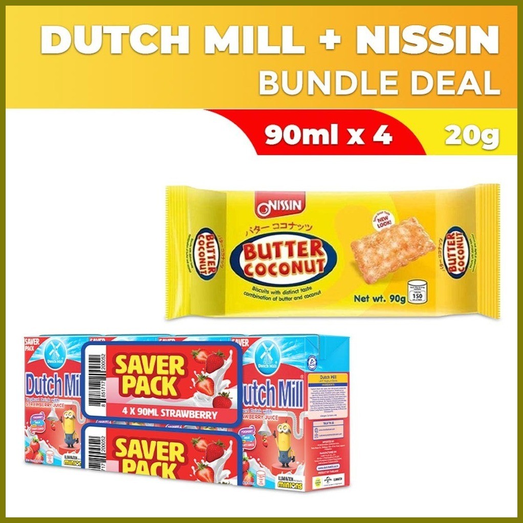 ⇩ ☇ Dutch Mill UHT Yoghurt Drink Strawberry Saverspack 90ml x 4 brick + Nissin Butter Coconut ...