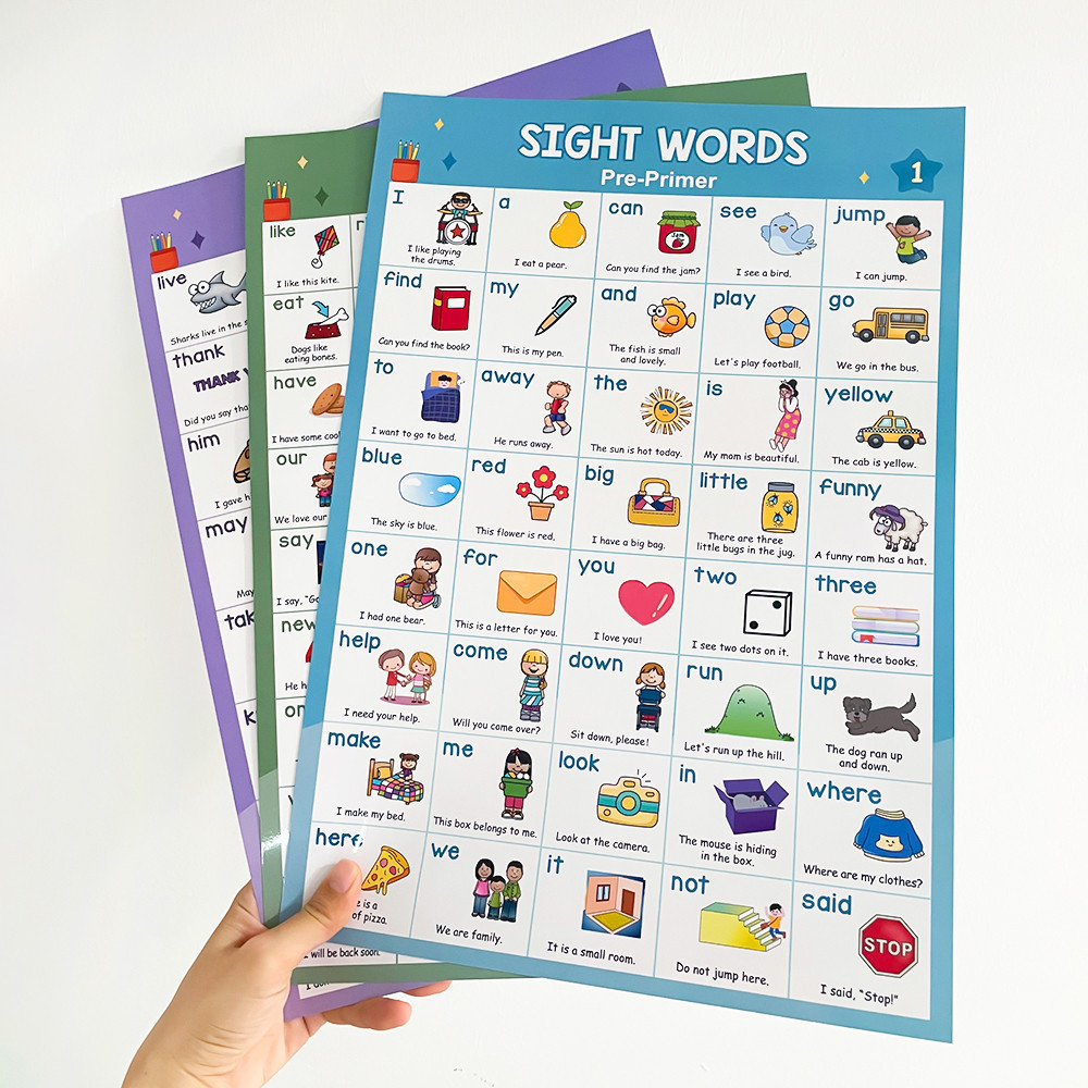 6Pcs 220 Sight Words English Posters for Kids Children Cartoon Picture ...