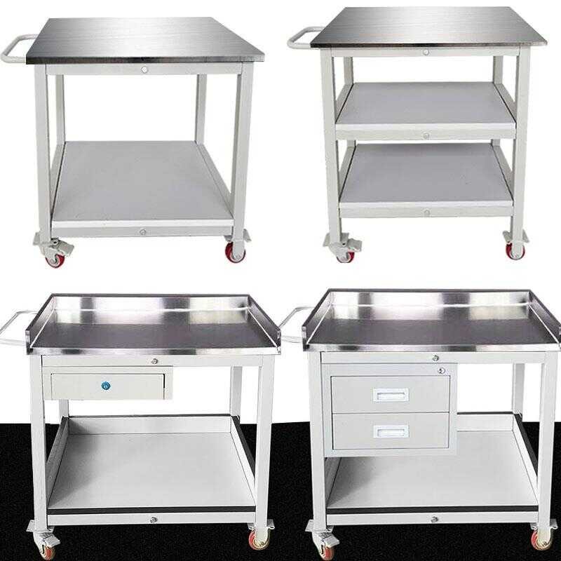 Heavy stainless steel movable workbench with wheels, workshop double-layer trolley, turnover ...
