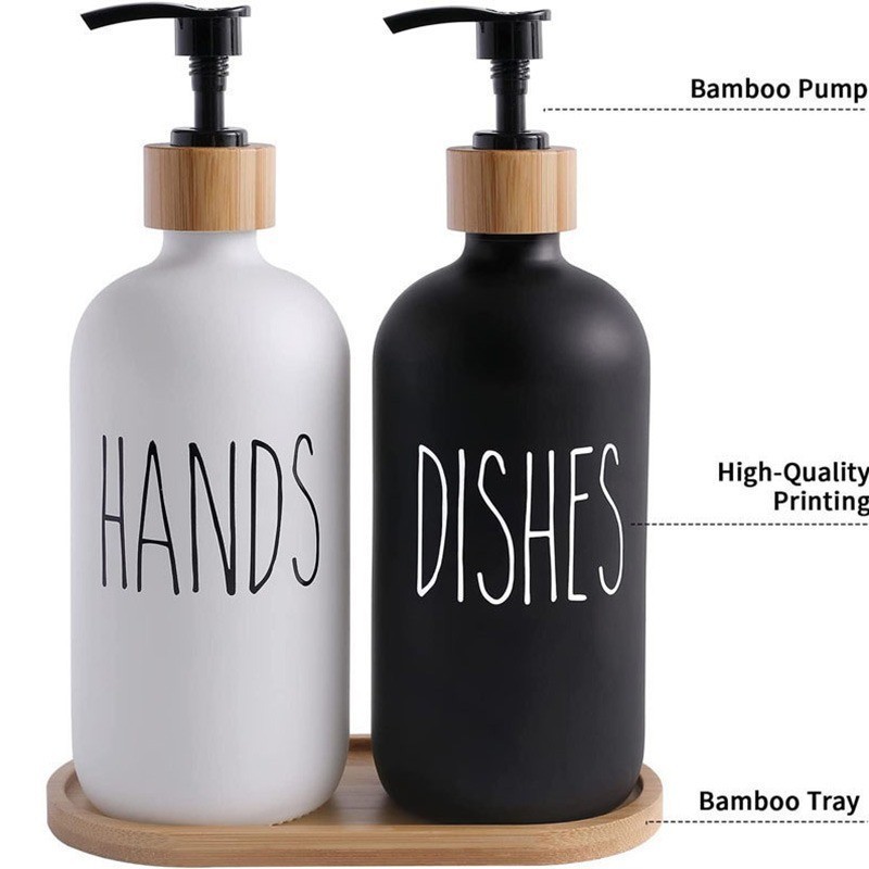 2-Pack 500ML Soap Dispensers Set with Wood Pump & Tray ( Silicone ...