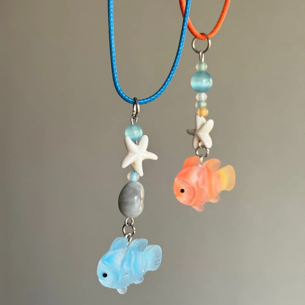 Cute orange clownfish necklace, blue small fish beaded neck chain ...