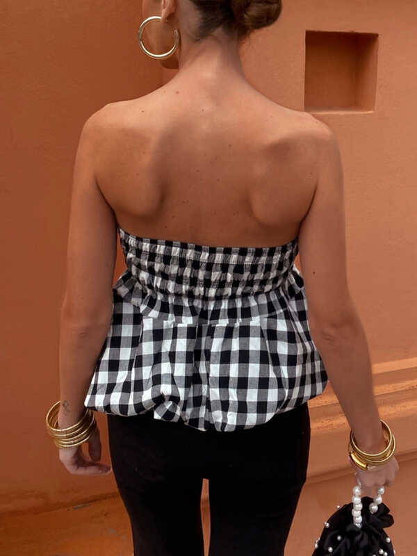 2024 New Women Cute Tube Tops Summer Bubble Hem Plaid Print Bandeau ...