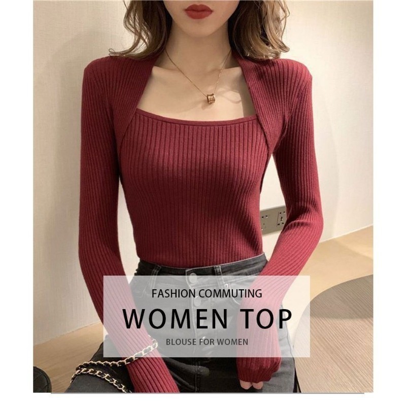 {shipped From Manila Cod} Women Long Sleeves Knit Blouse Sexy Square