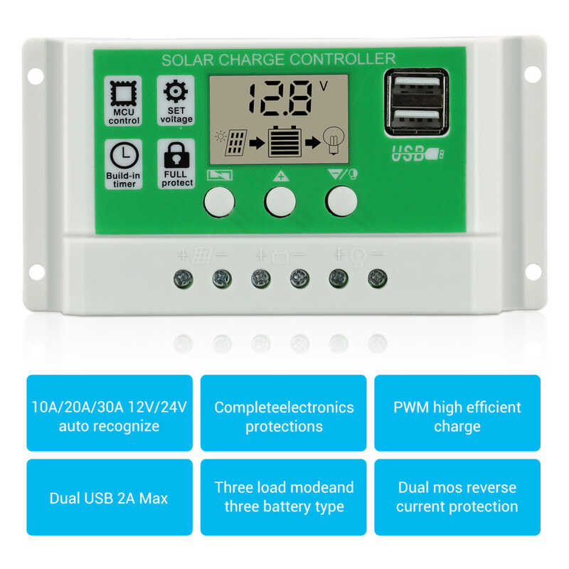 30/20/10A Powmr PWM Solar Charge Controller 12V 24V Auto With LCD Display Dual USB Solar ...